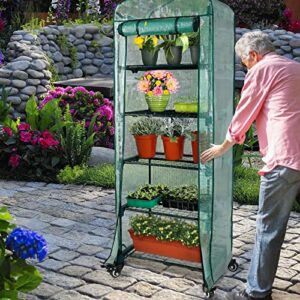 Worth Garden 5 Tier Mini Greenhouse w/ Castors Wheels - Portable Small Gardening Green House w/ PE Cover - Upgraded Heavy Duty Swivel Castors w/ Brakes - 76''H x 27''L x 19''W Indoor & Outdoor