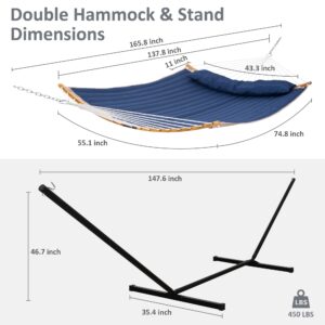 SUNCREAT Outdoor Hammock with Curved Spreader Bar, Patio Double Hammock with Stand, Soft Pillow, 450 lbs Capacity,Dark Blue