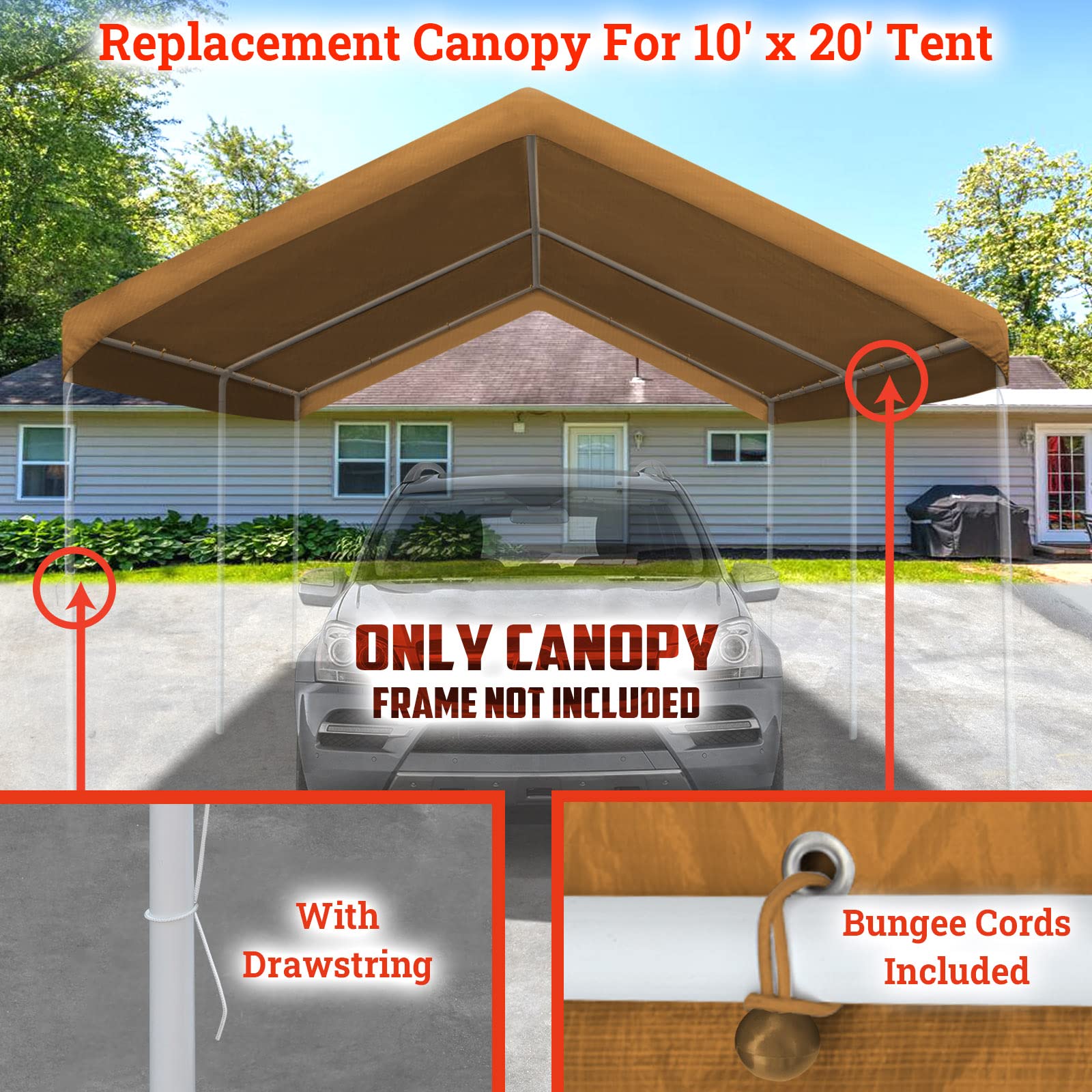 BenefitUSA Upgraded Muliti Color Canopy ONLY 10'x20' Carport Replacement Canopy Outdoor Tent Garage Top Tarp Shelter Cover with Ball Bungees (Tan)