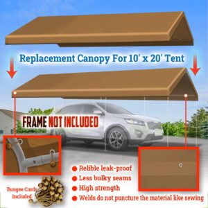 BenefitUSA Upgraded Muliti Color Canopy ONLY 10'x20' Carport Replacement Canopy Outdoor Tent Garage Top Tarp Shelter Cover with Ball Bungees (Tan)