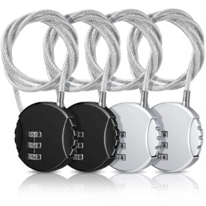 4 pieces 3 digit combination lock wire stroller waterproof padlock cable locks lightweight locker lock flexible gate lock for school luggage helmet gym fence door sports bike (black, silver)