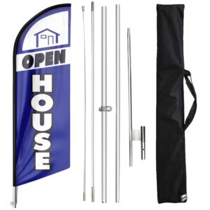 fsflag open house flags for real estate agents, open house flag pole kit and ground stake, 11 ft feather banner flag for outside business advertising, open house banners for real estate (blue)