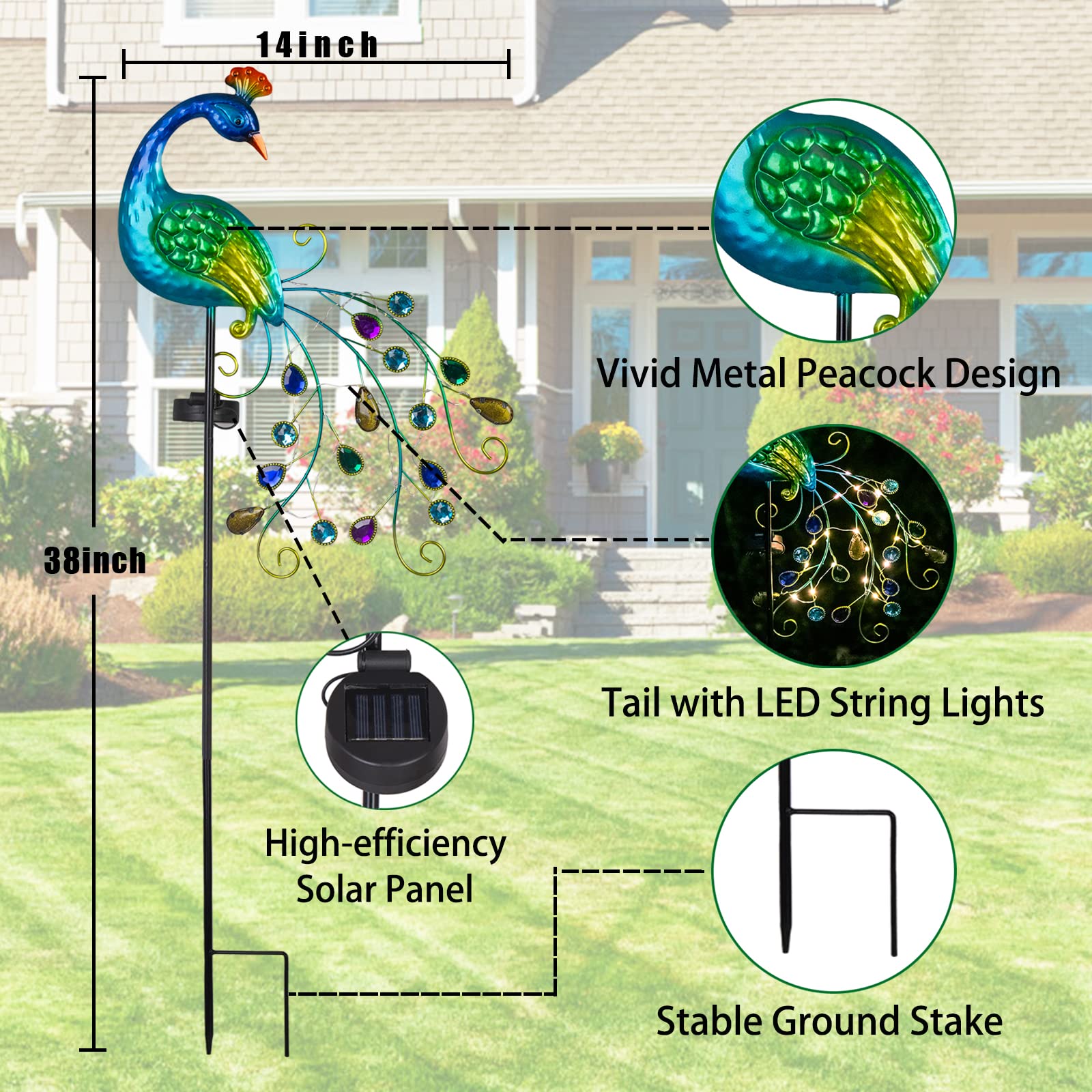 DREAMSOUL Metal Peacock Garden Solar Lights Outdoor Decorative Garden Stake Lights- Waterproof Peacock Solar Landscape LED Path Lights Patio Yard Garden Lawn Outside Decoration