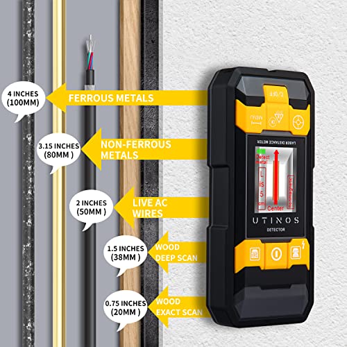 UTINOS 3 in 1 Stud Finder with Laser Level & Laser Measurement Tool Cross Line Laser Level Tool with Rechargable Battery Large Color Backlit Display