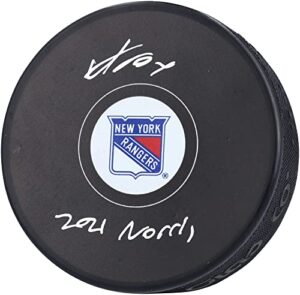 adam fox new york rangers autographed hockey puck with 2021 norris inscription - autographed nhl pucks