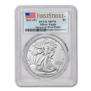 2022 (W) 1 oz American Silver Eagle MS-70 (First Strike - Struck at West Point - Flag Label) $1 MS70 PCGS