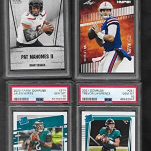 PSA 10 PRATICK"PAT" MAHOMES JOSH ALLEN JALEN HURTS TREVOR LAWRENCE 4 CARD ROOKIE LOT PANINI DONRUSS & LEAF GRADED PSA 10 NFL YOUNG SUPERSTAR QUARTERBACKS