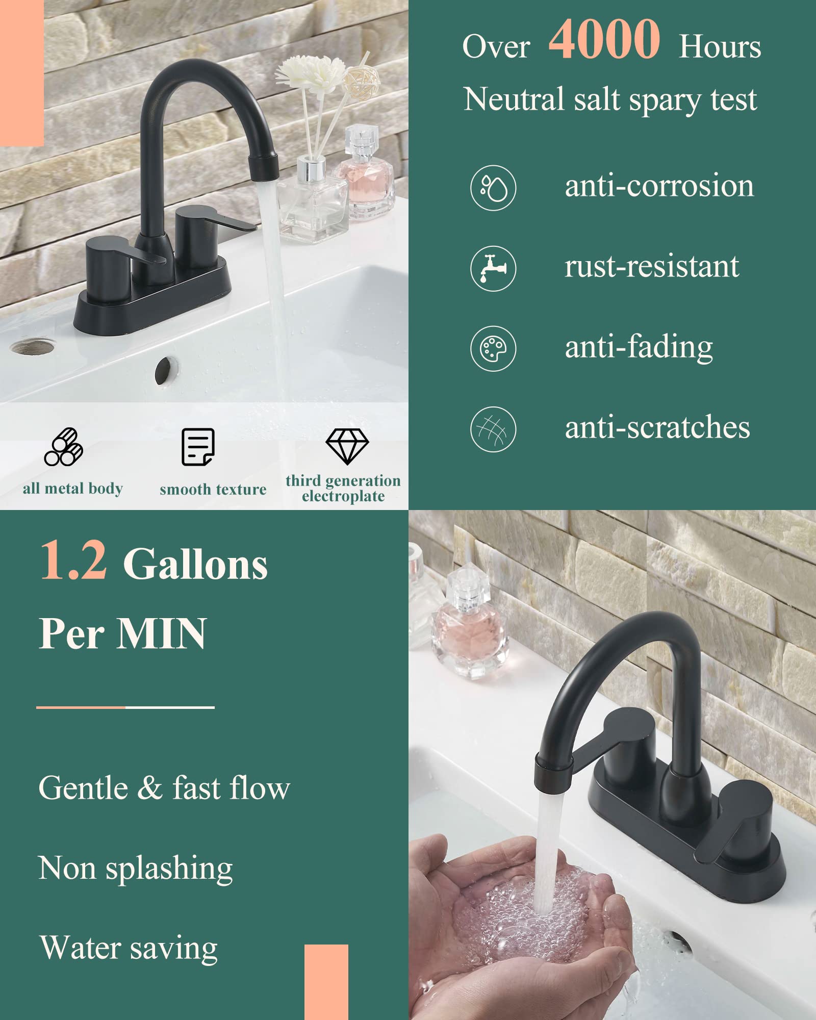 KUZOR Centerset Bathroom Faucets 2 Handle 3 Hole Bathroom Sink Faucet Matte Black Bathroom Faucet 4 Inch Swivel Spout with Pop Up Drain and Water Supply Hoses