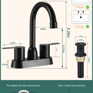 KUZOR Centerset Bathroom Faucets 2 Handle 3 Hole Bathroom Sink Faucet Matte Black Bathroom Faucet 4 Inch Swivel Spout with Pop Up Drain and Water Supply Hoses