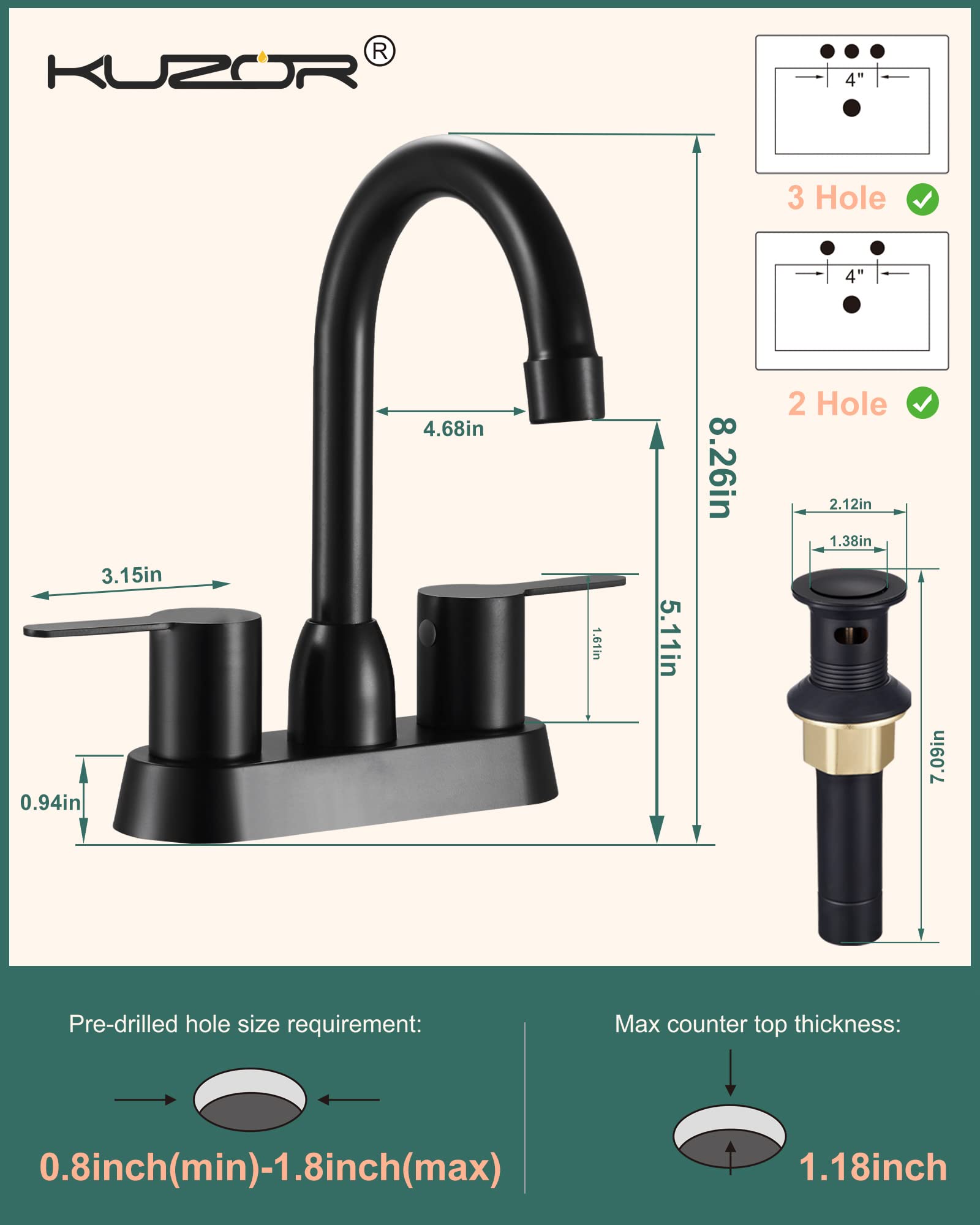 KUZOR Centerset Bathroom Faucets 2 Handle 3 Hole Bathroom Sink Faucet Matte Black Bathroom Faucet 4 Inch Swivel Spout with Pop Up Drain and Water Supply Hoses