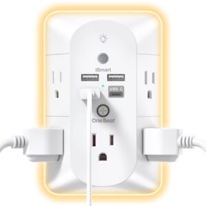 outlet extender with night light, surge protector, power strip, 5 outlet splitter (3 side) and 4 usb charger(1 usb c), usb wall charger, multi plug outlets for home, office, dorm room essentials