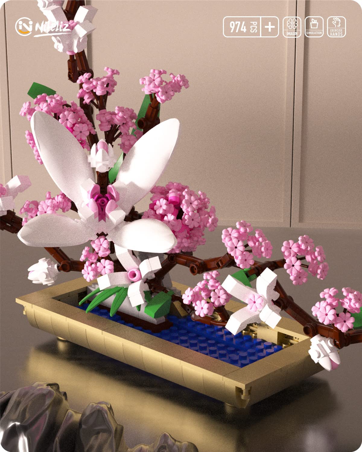 Nifeliz Lilac Bonsai Tree Toy Building Kit and Display Model, Unique Home Flower Bouquet Décor Ideas, A Creative and Relaxing Bonsai Tree Building Project for Adults, Botanical Collection(974 Pieces)