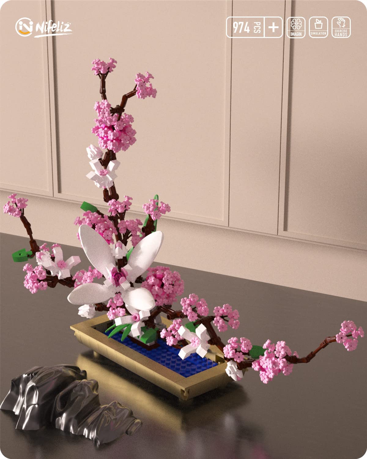 Nifeliz Lilac Bonsai Tree Toy Building Kit and Display Model, Unique Home Flower Bouquet Décor Ideas, A Creative and Relaxing Bonsai Tree Building Project for Adults, Botanical Collection(974 Pieces)