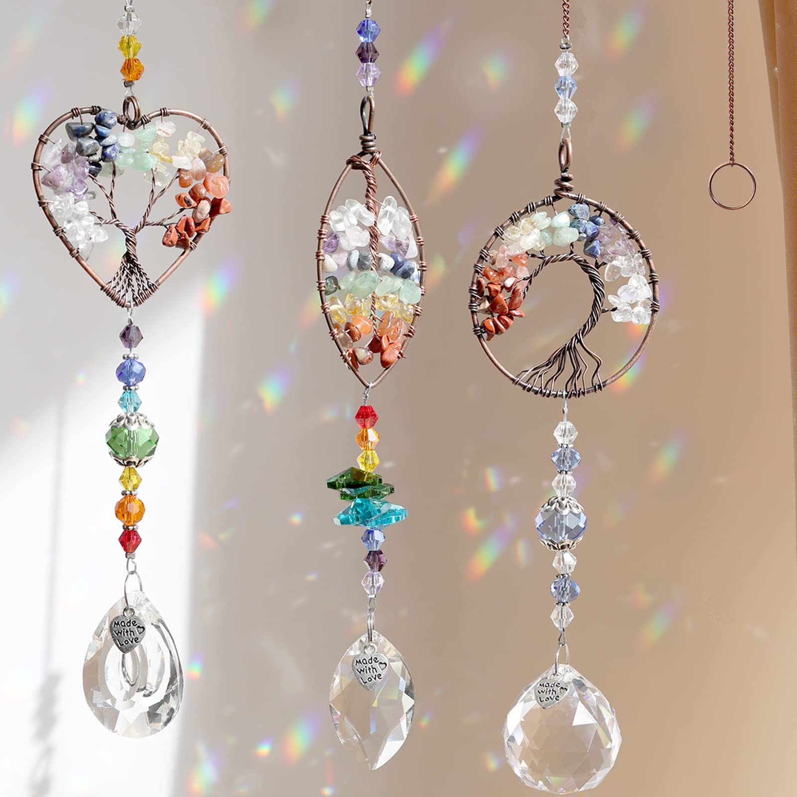 3pcs Crystal Suncatchers for Windows Hanging Tree of Life Sun Catchers Decor with Prisms for Home Indoor Outdoor Car Making Rainbows