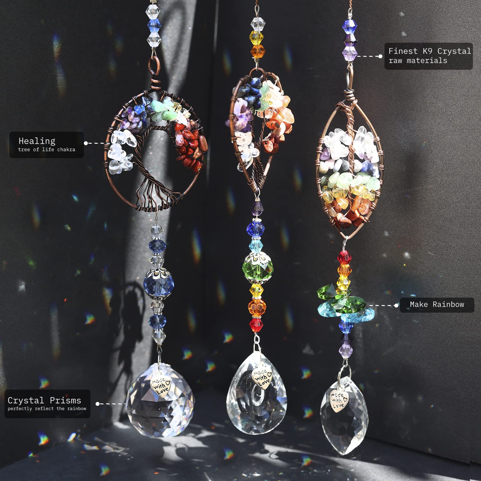 3pcs Crystal Suncatchers for Windows Hanging Tree of Life Sun Catchers Decor with Prisms for Home Indoor Outdoor Car Making Rainbows