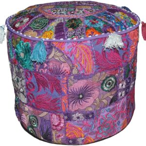 Footstool Cotton Bohemian Decor Round Stool White Patchwork Embroidered Ottoman Pouf Cover Floral Tuffet Chair Floor Cushion Ethnic Bean Bag Living Room (22 Inches, Blue)