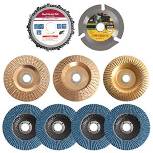 9pcs angle grinder carving disc kit including 3 wood shaping grinding disc, speedcutter, wood carving chain disc and 4 sanding wheels for 4" or 4 1/2" angle grinder for woodworking cutting and shaping