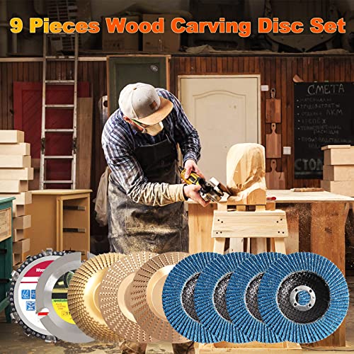 9Pcs Angle Grinder Carving Disc Kit Including 3 Wood Shaping Grinding Disc, Speedcutter, Wood Carving Chain Disc and 4 Sanding Wheels for 4" or 4 1/2" Angle Grinder for Woodworking Cutting and Shaping