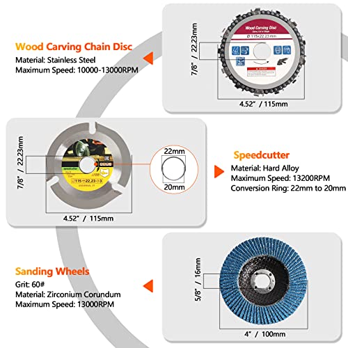 9Pcs Angle Grinder Carving Disc Kit Including 3 Wood Shaping Grinding Disc, Speedcutter, Wood Carving Chain Disc and 4 Sanding Wheels for 4" or 4 1/2" Angle Grinder for Woodworking Cutting and Shaping