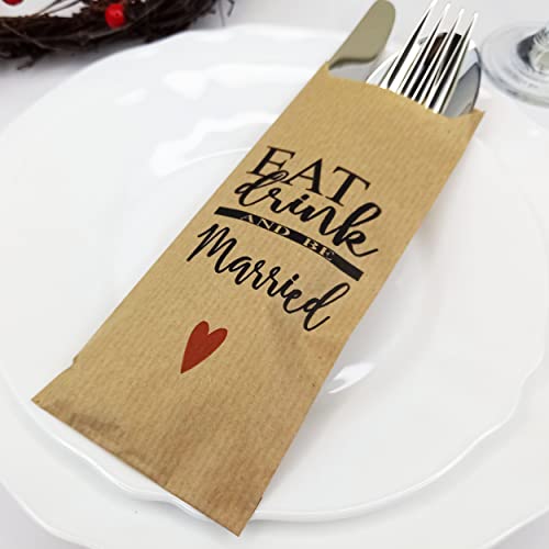 Eat Drink and Be Married Paper Silverware Bags - Utensil Holders For Wedding Rehearsal Dinner or Engagement Barbeque - Silverware Holder Bag - Pocket Sleeves - Flat 2.8" x 7.5" - Pack of 50