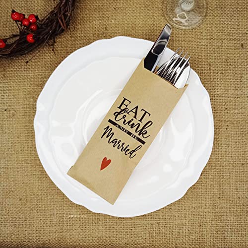 Eat Drink and Be Married Paper Silverware Bags - Utensil Holders For Wedding Rehearsal Dinner or Engagement Barbeque - Silverware Holder Bag - Pocket Sleeves - Flat 2.8" x 7.5" - Pack of 50