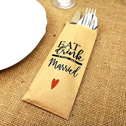 Eat Drink and Be Married Paper Silverware Bags - Utensil Holders For Wedding Rehearsal Dinner or Engagement Barbeque - Silverware Holder Bag - Pocket Sleeves - Flat 2.8" x 7.5" - Pack of 50