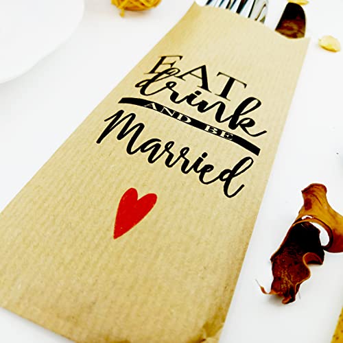 Eat Drink and Be Married Paper Silverware Bags - Utensil Holders For Wedding Rehearsal Dinner or Engagement Barbeque - Silverware Holder Bag - Pocket Sleeves - Flat 2.8" x 7.5" - Pack of 50