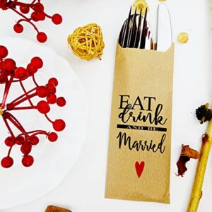 Eat Drink and Be Married Paper Silverware Bags - Utensil Holders For Wedding Rehearsal Dinner or Engagement Barbeque - Silverware Holder Bag - Pocket Sleeves - Flat 2.8" x 7.5" - Pack of 50