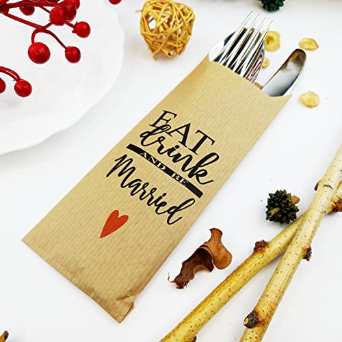 Eat Drink and Be Married Paper Silverware Bags - Utensil Holders For Wedding Rehearsal Dinner or Engagement Barbeque - Silverware Holder Bag - Pocket Sleeves - Flat 2.8" x 7.5" - Pack of 50