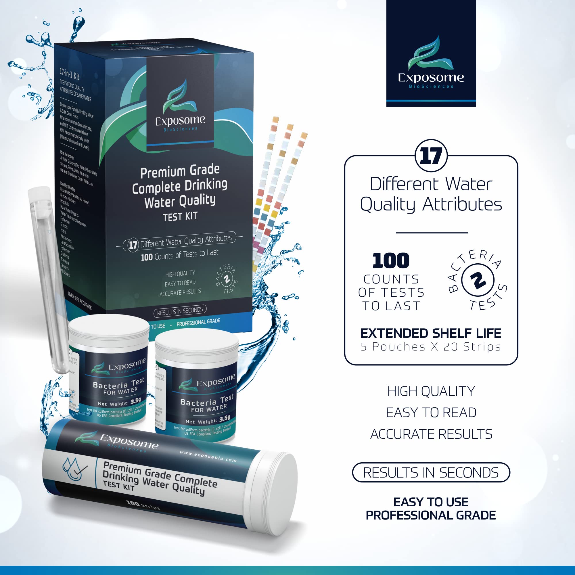 Lab Grade 17 in 1 Drinking Water Test Kit. Detect Multiple Water Chemical Contaminants and Coliform Bacteria in Water. 100 Test Strips + 2 Bacteria Tests. FSA - HSA Reimbursement Eligible