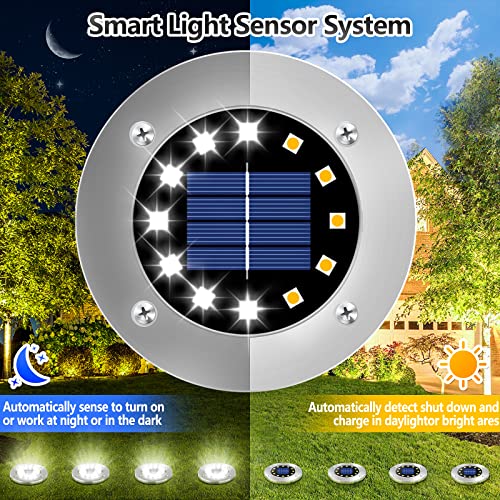 MIQIA Solar Ground Lights Outdoor, 12 Pack 12 LED Solar Garden Lights Waterproof, Super Bright in-Ground Lights, Solar Disk Lights for Yard, Walkway, Pathway, Patio, Lawm, Outdoor Decorations (White)