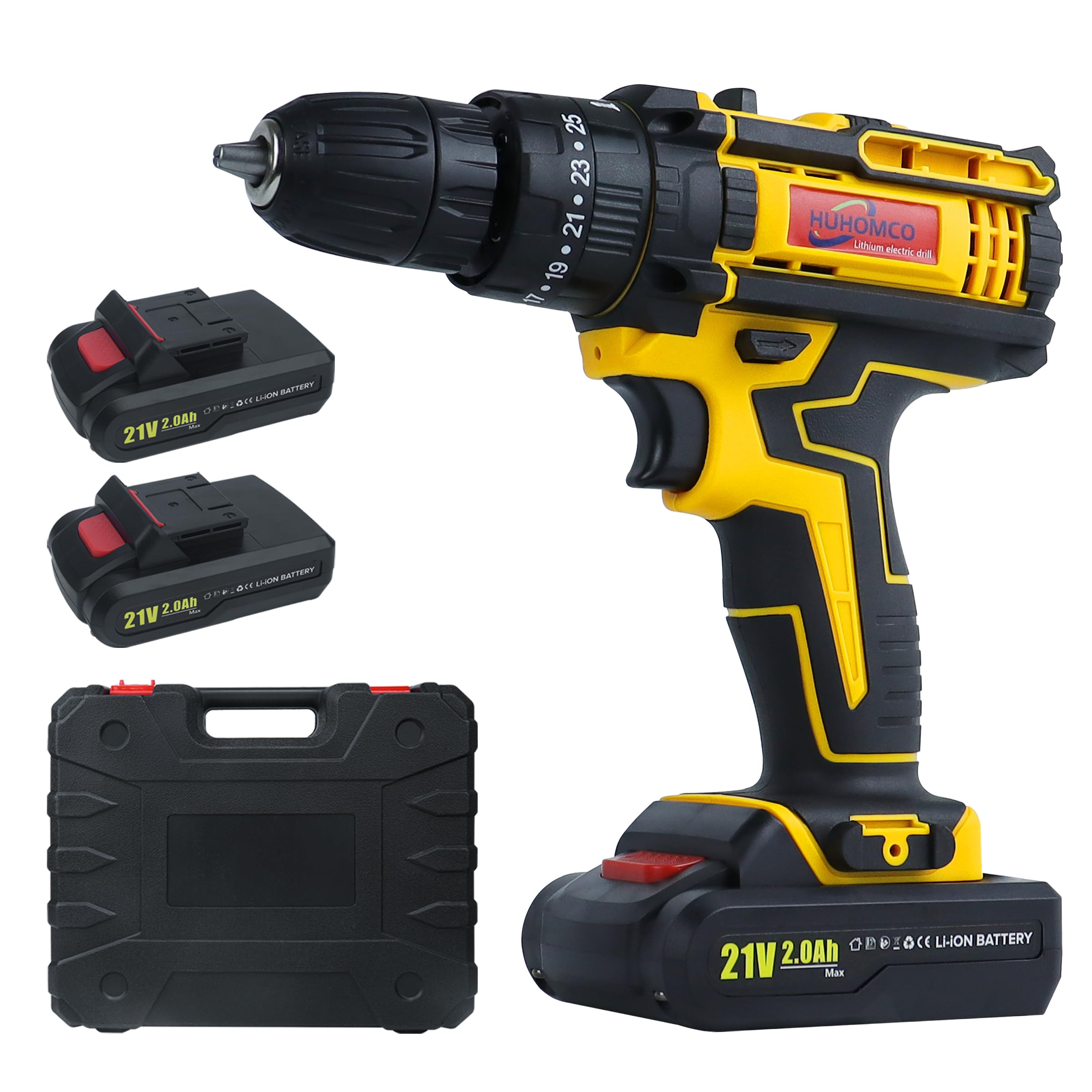 Cordless Drill Driver with 2 Battery, Huhomco 21V Power Drill 85Nm 25+3 Clutch, 3/8" (10mm) Keyless Chuck, & Built-in LED Electric Screw Driver