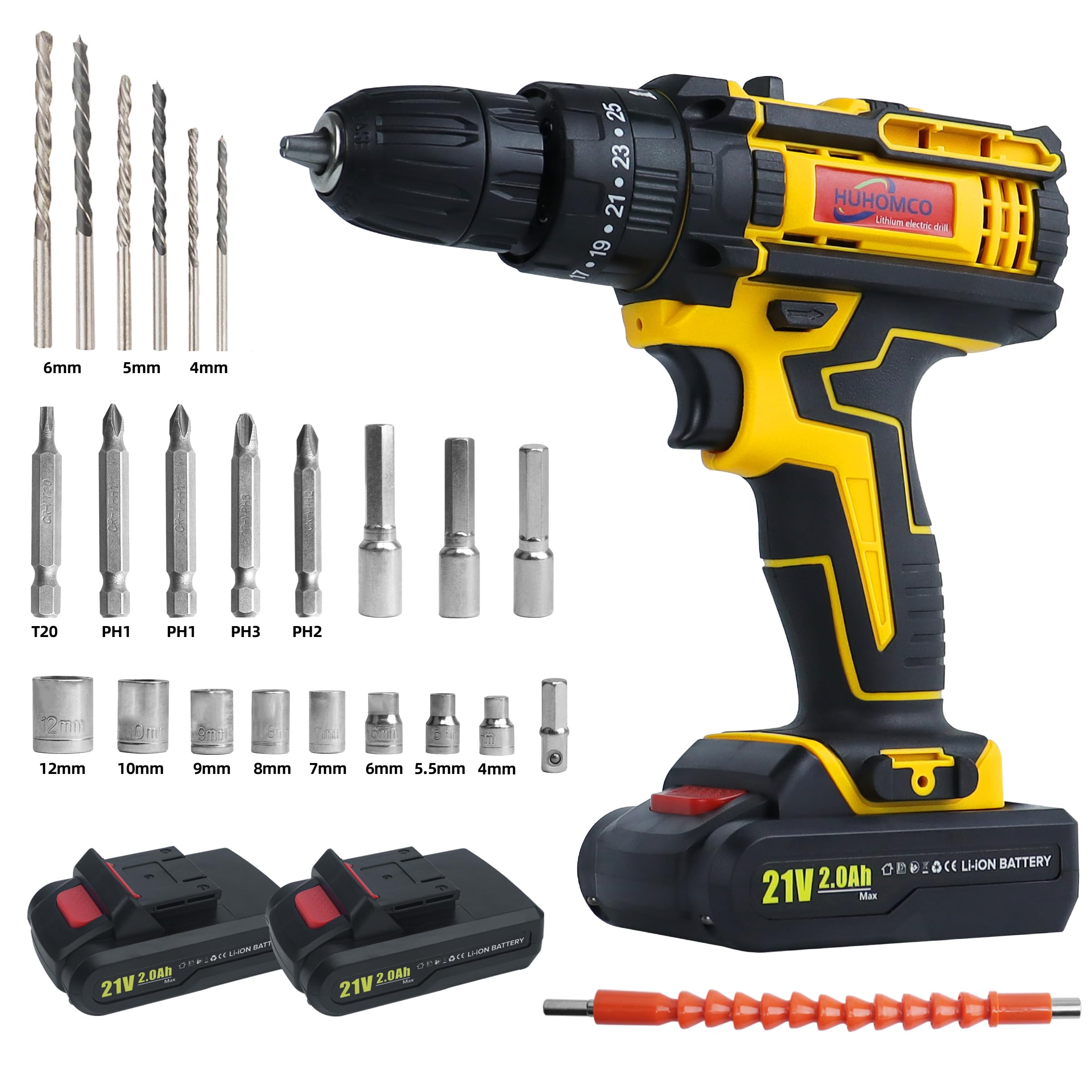 Cordless Drill Driver with 2 Battery, Huhomco 21V Power Drill 85Nm 25+3 Clutch, 3/8" (10mm) Keyless Chuck, & Built-in LED Electric Screw Driver