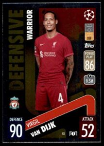 2021-22 topps match attax uefa champions league #51 virgil van dijk liverpool fc defensive warrior foil official ucl soccer trading card in raw (nm or better) condition