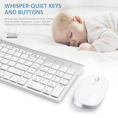 Wireless Keyboard and Mouse, USB Slim Compact Keyboard with Number pad, Ergonomics Quiet Keyboard Mouse for Laptop Computer PC Mac Windows, White Silver