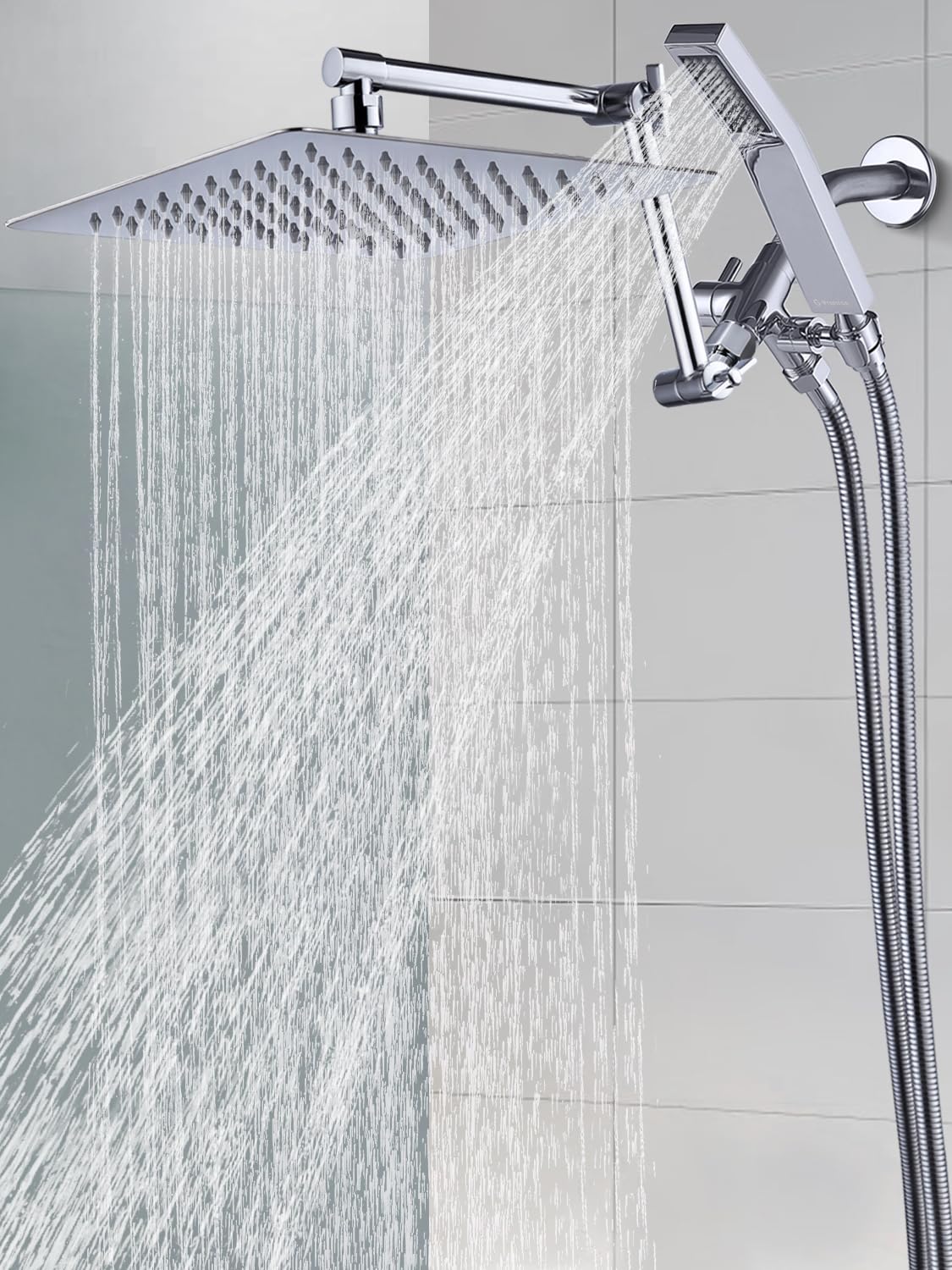 G-Promise All Metal 10 Inch Rainfall Shower Head with Handheld Spray Combo| 3 Settings Diverter|Adjustable Extension Arm with Lock Joints |71 Inches Stainless Steel Hose (chrome)