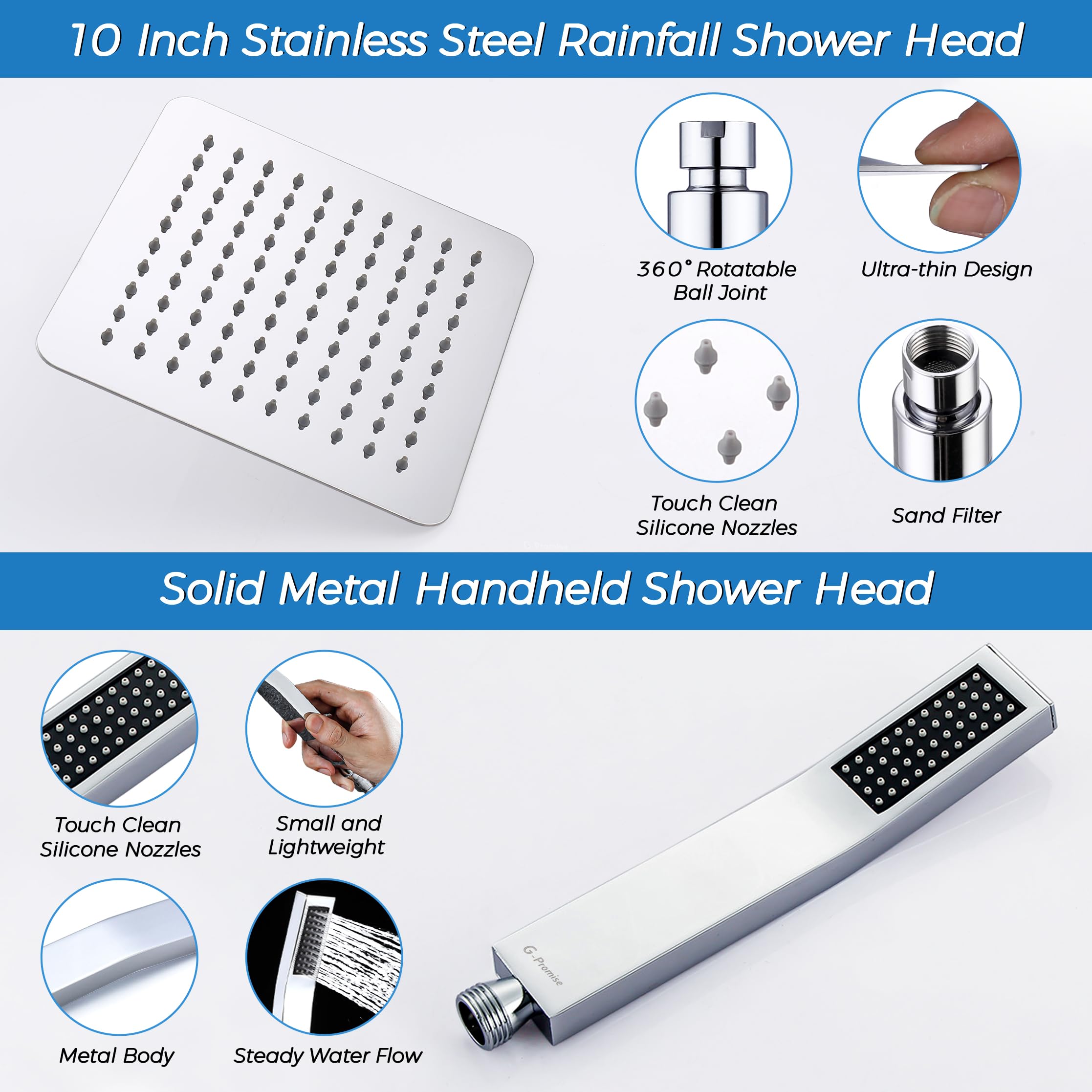 G-Promise All Metal 10 Inch Rainfall Shower Head with Handheld Spray Combo| 3 Settings Diverter|Adjustable Extension Arm with Lock Joints |71 Inches Stainless Steel Hose (chrome)