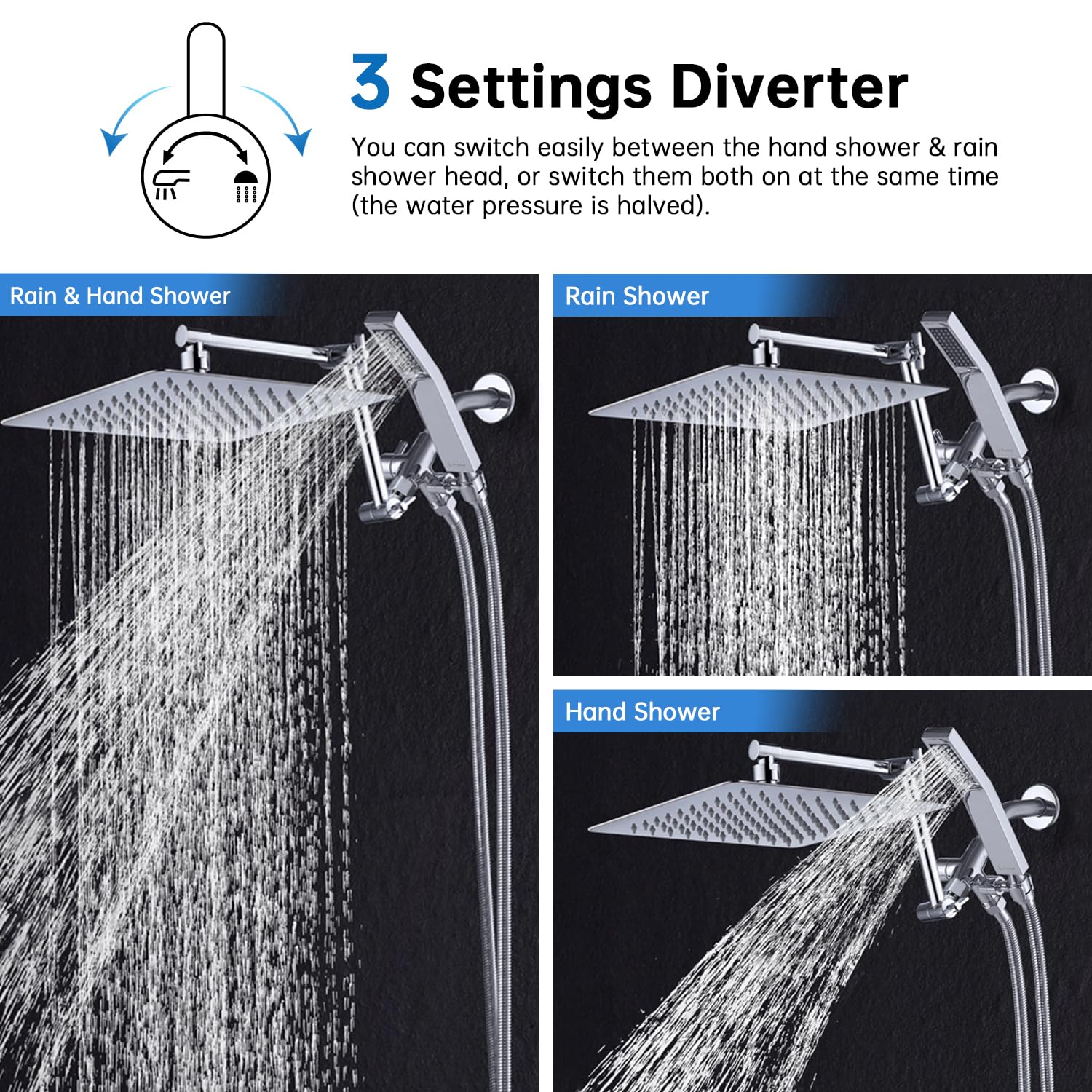 G-Promise All Metal 10 Inch Rainfall Shower Head with Handheld Spray Combo| 3 Settings Diverter|Adjustable Extension Arm with Lock Joints |71 Inches Stainless Steel Hose (chrome)