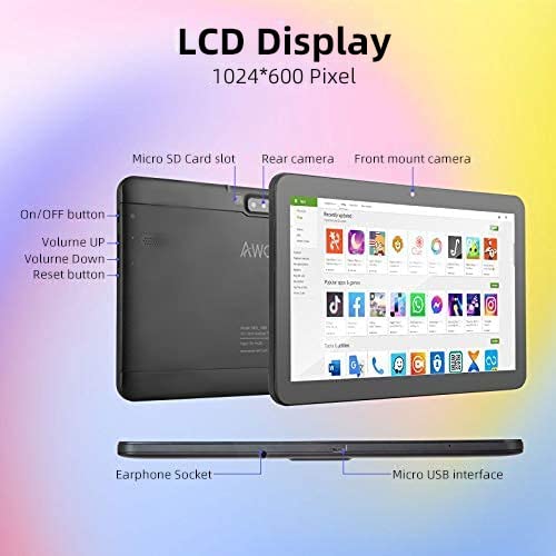 AWOW Tablet 10.1 inch Android 10 go Tablet, Quad-Core Processor, 32GB Storage Tablet Computer, 1024x600 LCD Display, 0.3MP and 2MP Camera, 2.4G WiFi, Bluetooth 4.0, 5000mAh Battery Capacity, Black