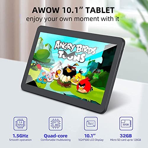 AWOW Tablet 10.1 inch Android 10 go Tablet, Quad-Core Processor, 32GB Storage Tablet Computer, 1024x600 LCD Display, 0.3MP and 2MP Camera, 2.4G WiFi, Bluetooth 4.0, 5000mAh Battery Capacity, Black