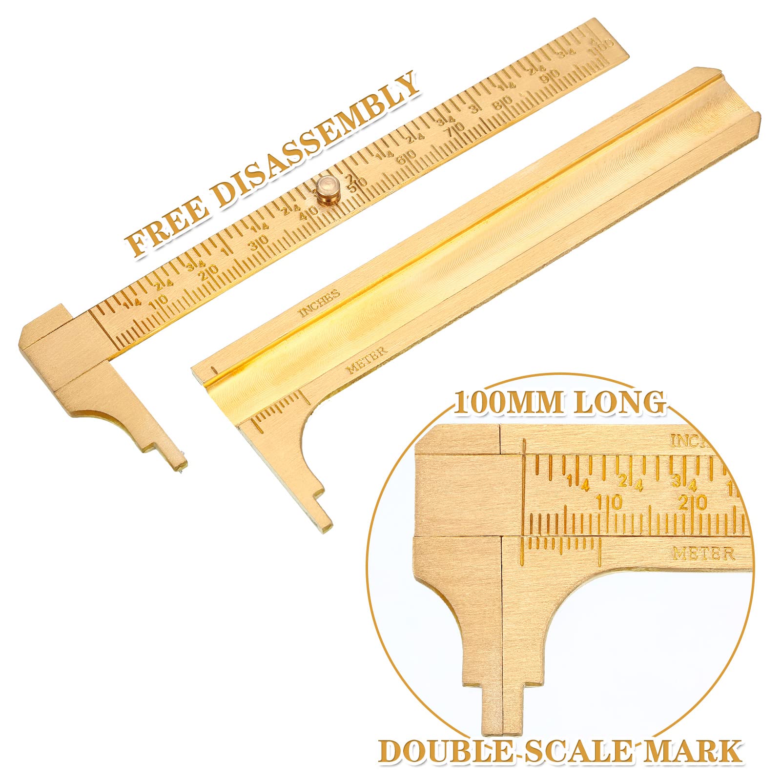 2 Pcs Brass Vernier Caliper Pocket Caliper Handy Caliper Measuring Mini Tool Double Scale Sliding Gauge Metal Pocket Ruler for Bead Wire Jewels Rings Measurement(Simple Style) (2)