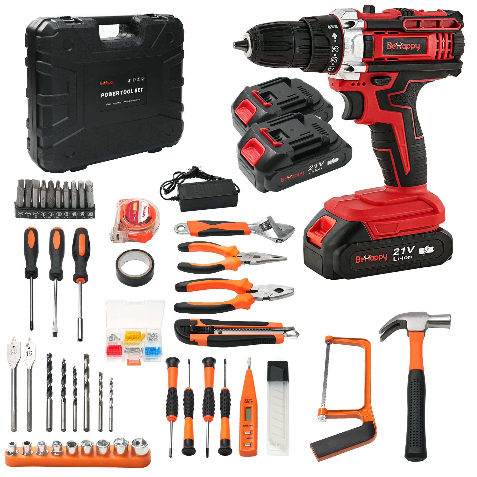 Behappy 43 Piece Power Tool Set Combo Kit with 21V Cordless Power Drill Driver, Home Tool Kit Set with DIY Hand Accessories Tool Kits in Storage Case