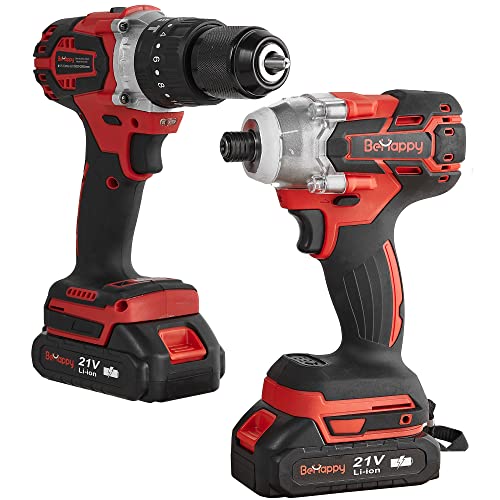 Behappy Cordless Drill Combo Kit, 1000ln-lbs Drill Driver and 2600In-lbs Impact Driver 21V, Brushless Power Tool Kit with 2 Lithium-Ion Batteries, 1Charger