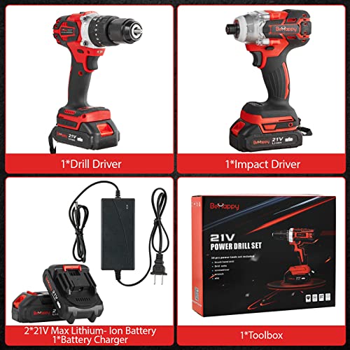 Behappy Cordless Drill Combo Kit, 1000ln-lbs Drill Driver and 2600In-lbs Impact Driver 21V, Brushless Power Tool Kit with 2 Lithium-Ion Batteries, 1Charger