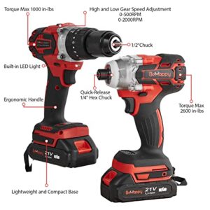 Behappy Cordless Drill Combo Kit, 1000ln-lbs Drill Driver and 2600In-lbs Impact Driver 21V, Brushless Power Tool Kit with 2 Lithium-Ion Batteries, 1Charger