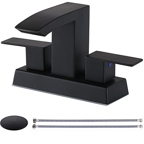 Friho Extra Large Rectangular Spout 4 Inch Two Handle Centerset Matte Black Bathroom Faucet,Waterfall Bathroom Sink Faucet Lavatory RVs Vanity Faucets for Sink 3 Hole with Water Hoses and Pop up Drain