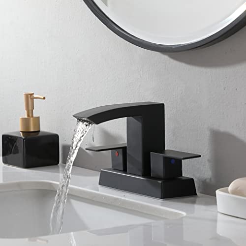 Friho Extra Large Rectangular Spout 4 Inch Two Handle Centerset Matte Black Bathroom Faucet,Waterfall Bathroom Sink Faucet Lavatory RVs Vanity Faucets for Sink 3 Hole with Water Hoses and Pop up Drain