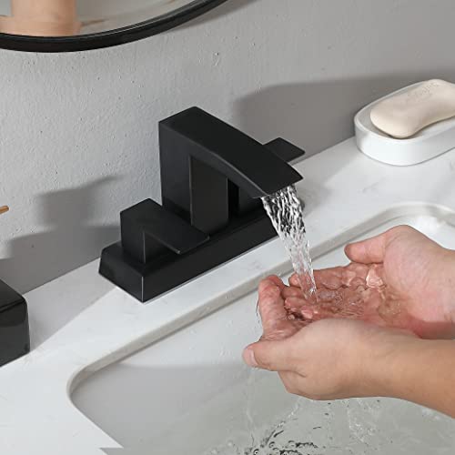 Friho Extra Large Rectangular Spout 4 Inch Two Handle Centerset Matte Black Bathroom Faucet,Waterfall Bathroom Sink Faucet Lavatory RVs Vanity Faucets for Sink 3 Hole with Water Hoses and Pop up Drain