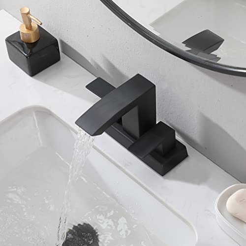 Friho Extra Large Rectangular Spout 4 Inch Two Handle Centerset Matte Black Bathroom Faucet,Waterfall Bathroom Sink Faucet Lavatory RVs Vanity Faucets for Sink 3 Hole with Water Hoses and Pop up Drain