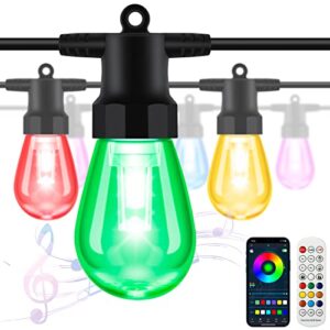 xht outdoor string lights - 48ft sync with music color changing outside patio lights with 15 dimmable ip65 waterproof rgb led bulbs with app & remote control for dating, party, wedding